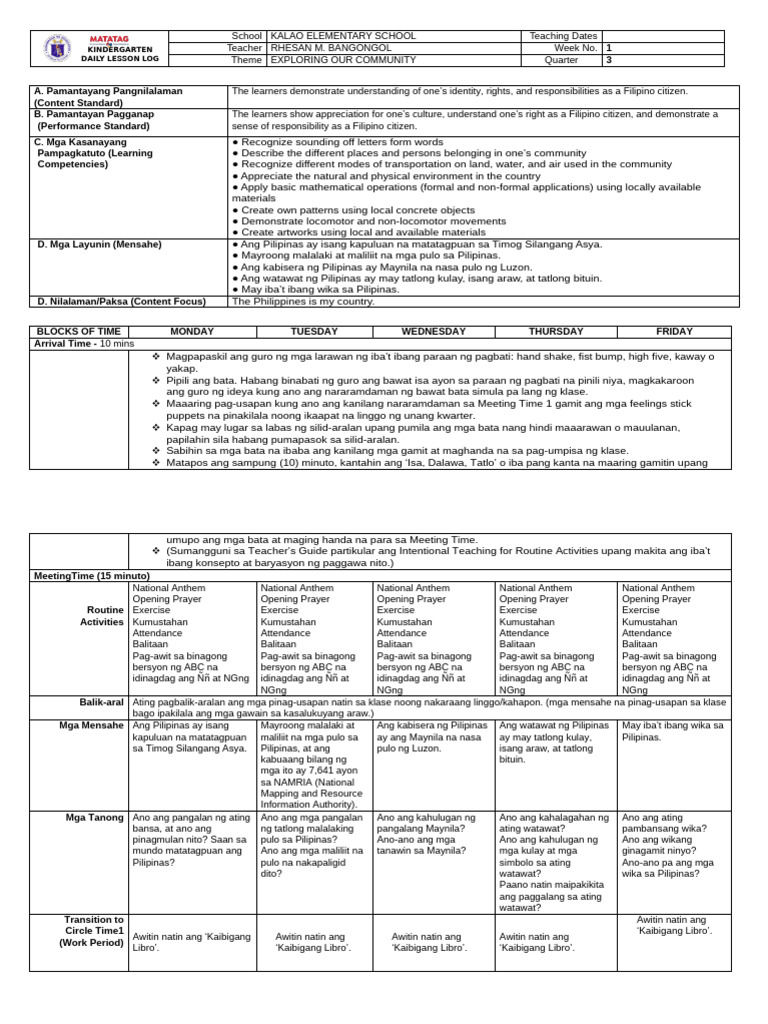 Kindergarten-DLL-Matatag-Q3 Week 1 | PDF