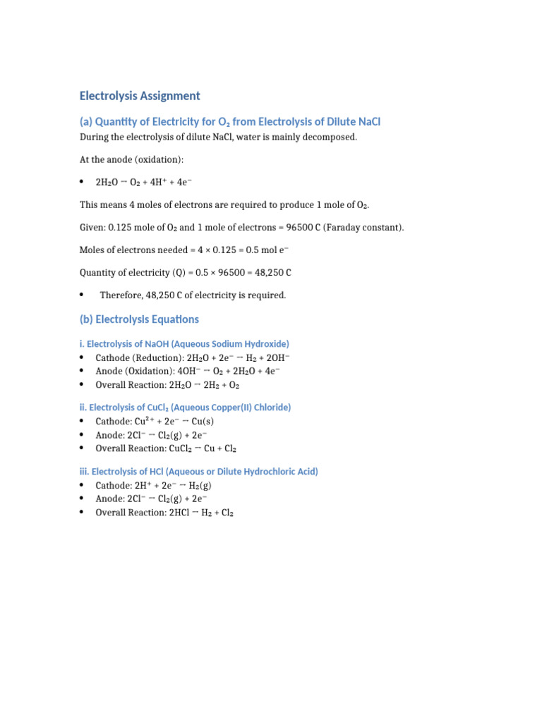 Electrolysis Assignment Mary Benjamin | PDF
