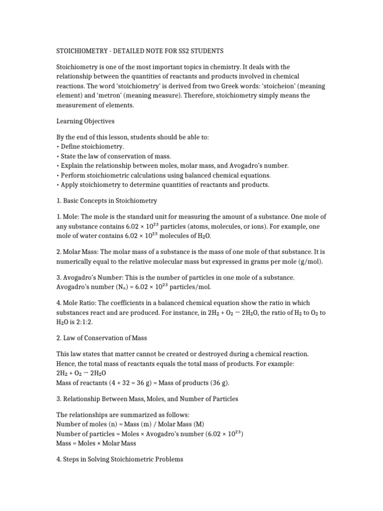Stoichiometry Guide for SS2 Students | PDF | Stoichiometry | Mole (Unit)