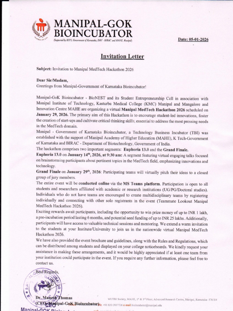 Invitation Letter Manipal MedTech Hackathon 2026 | PDF