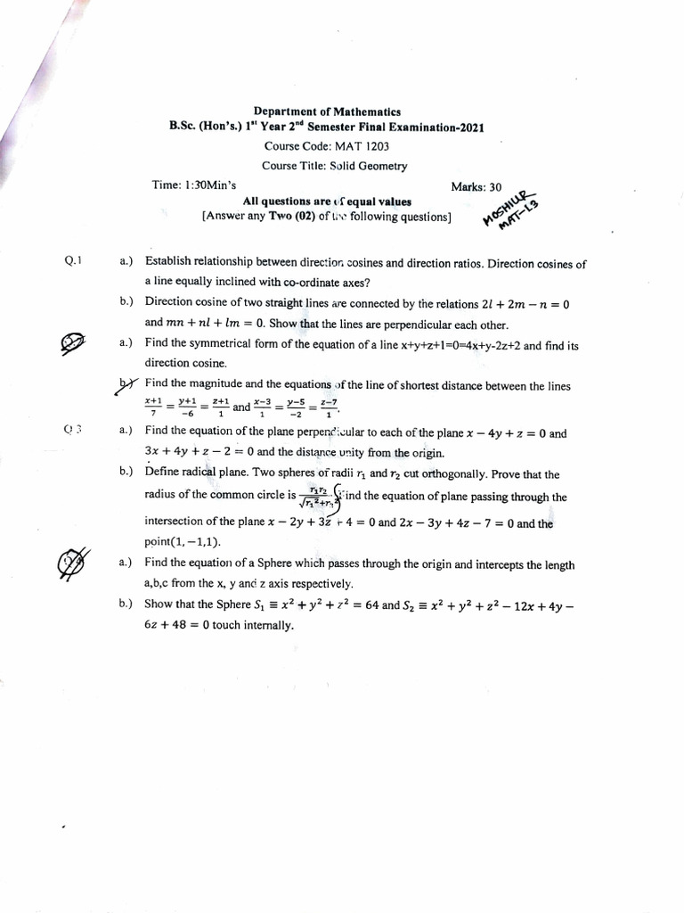 Solid Geometry Exam Questions and Solutions | PDF | Line (Geometry ...