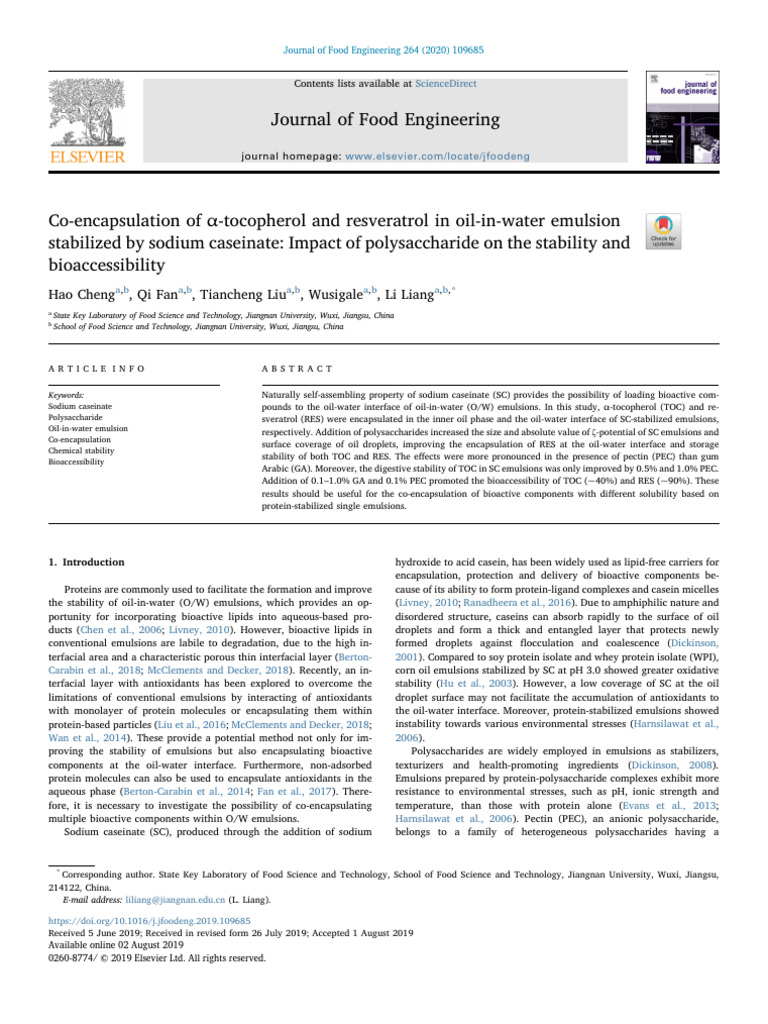 Co Encapsulation of Tocopherol and Resveratrol in Oil in Wa 2020 ...