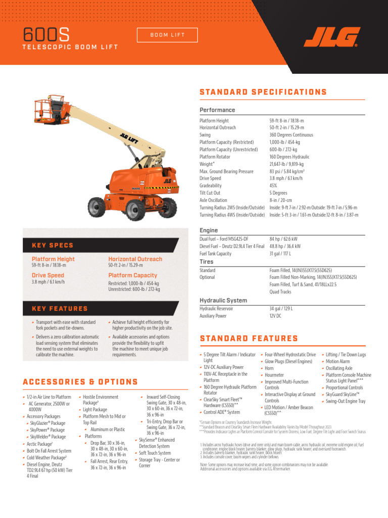 JLG 600S +Boom+Spec+Sheet | PDF | Engines | Car