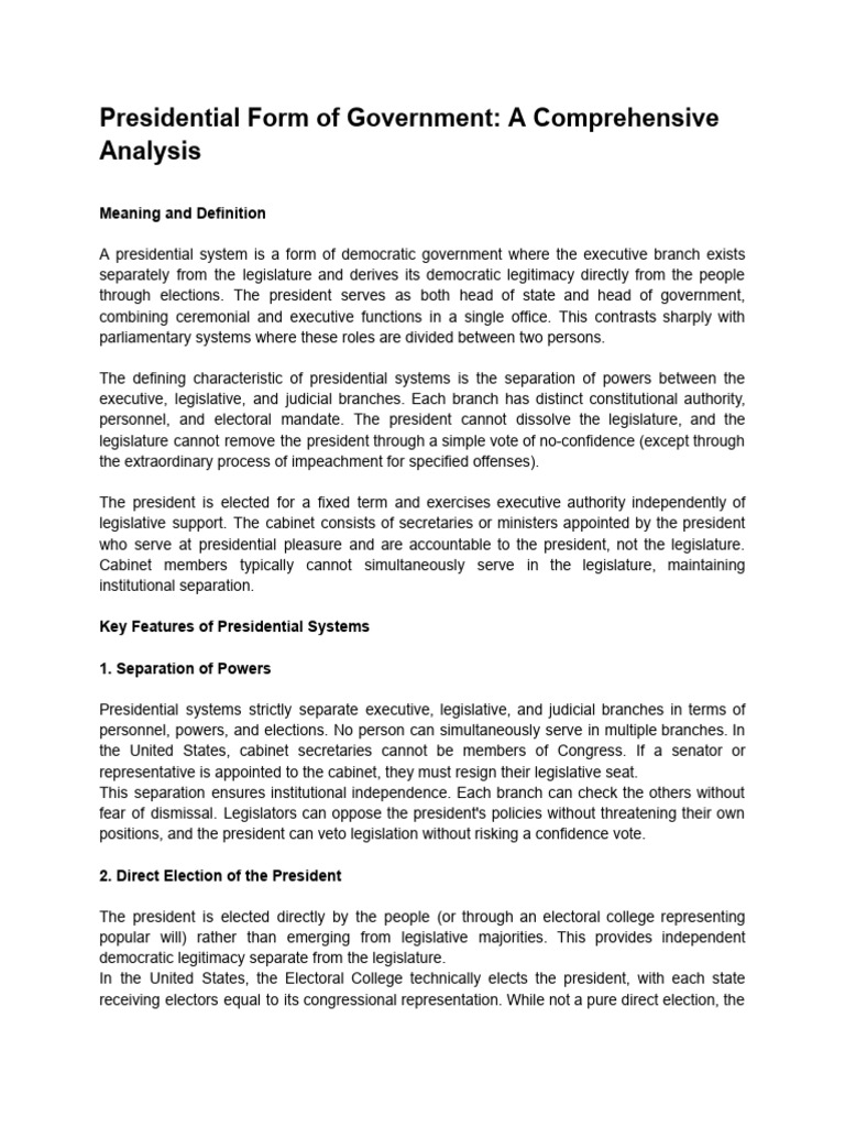 Presidential Form of Government - A Comprehensive Analysis | PDF ...