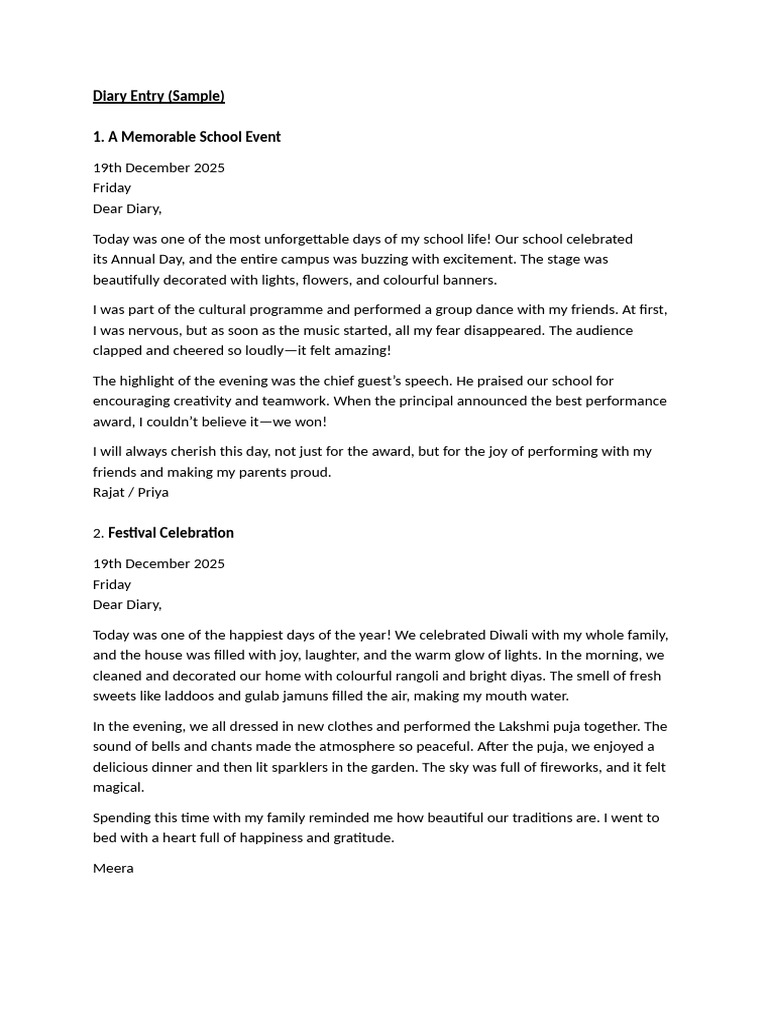 Diary Entry (Sample). Class 7 | PDF