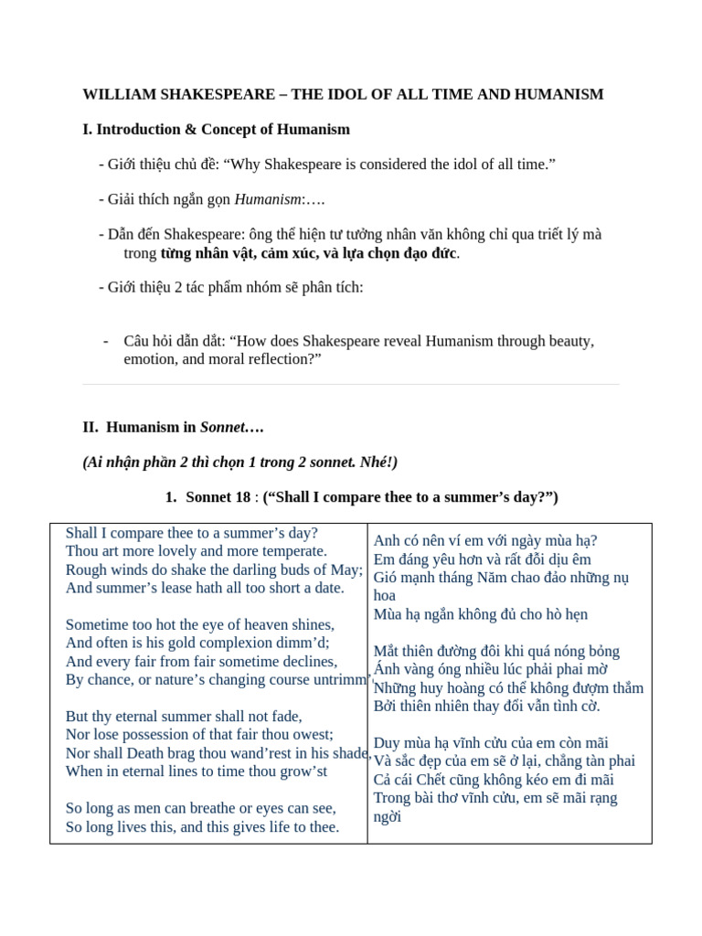 Outline VHAM Group 6 Topic William Shakespeare | PDF