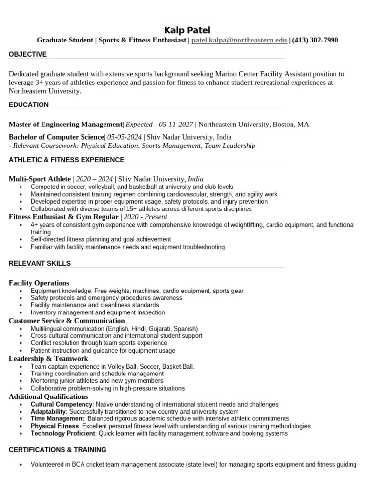 Kalp Patel Resume Marino | PDF | Physical Fitness