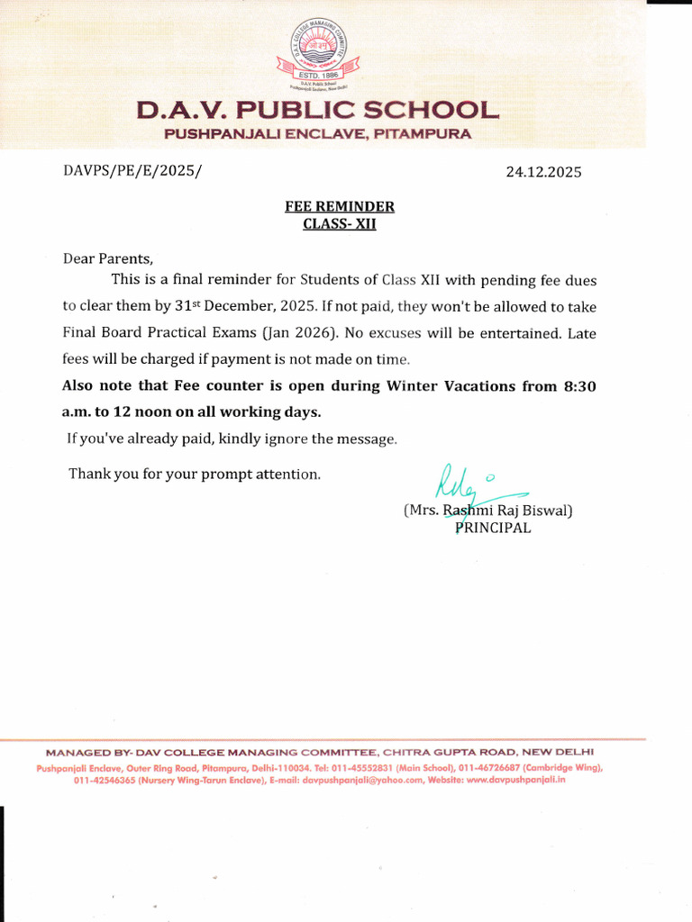 Fee Reminder - Xii | PDF
