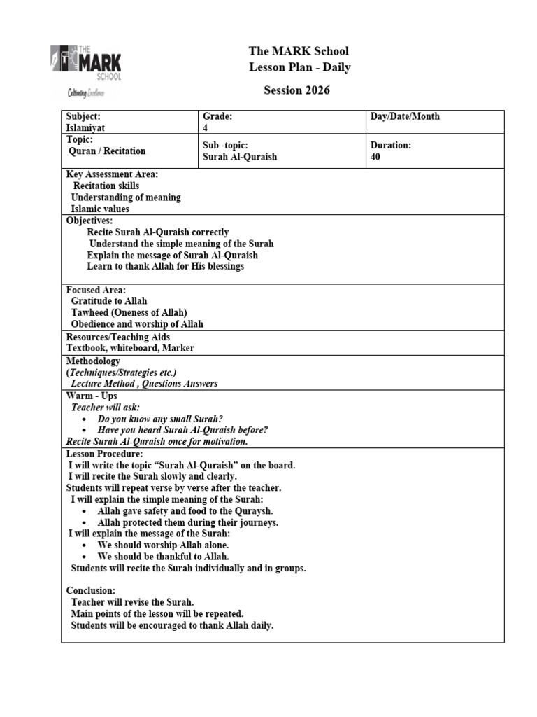 Lesson Plan Grade 4 | PDF | Surah | Lesson Plan