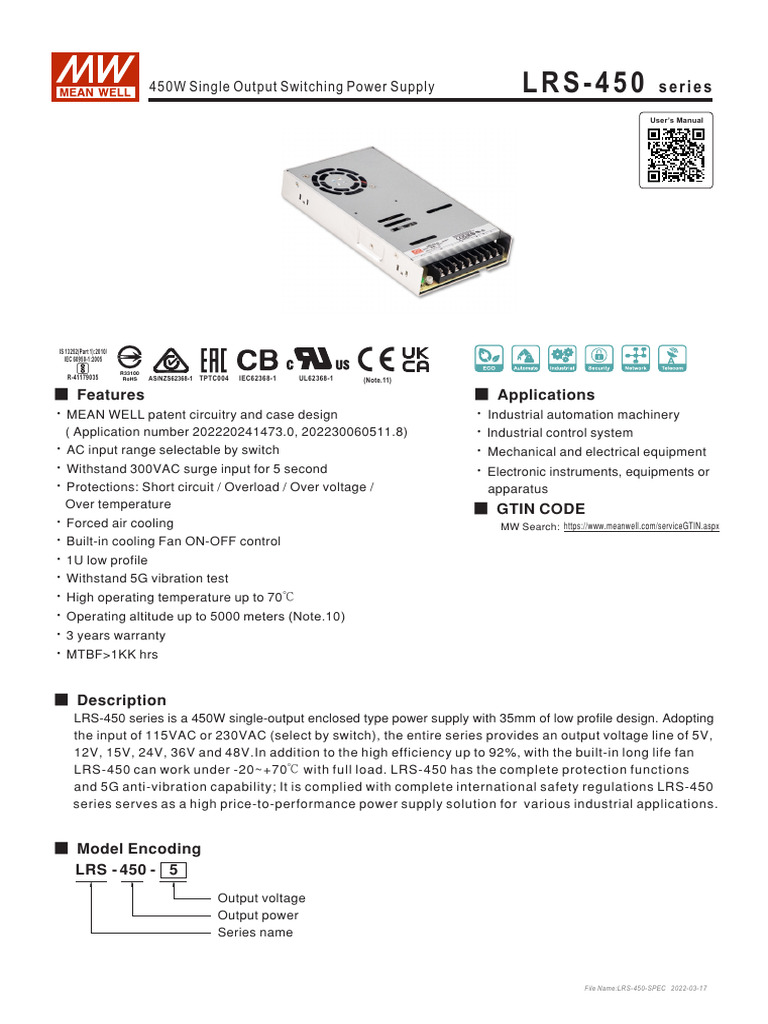 LRS-450 | PDF | Power Supply | Computer Engineering
