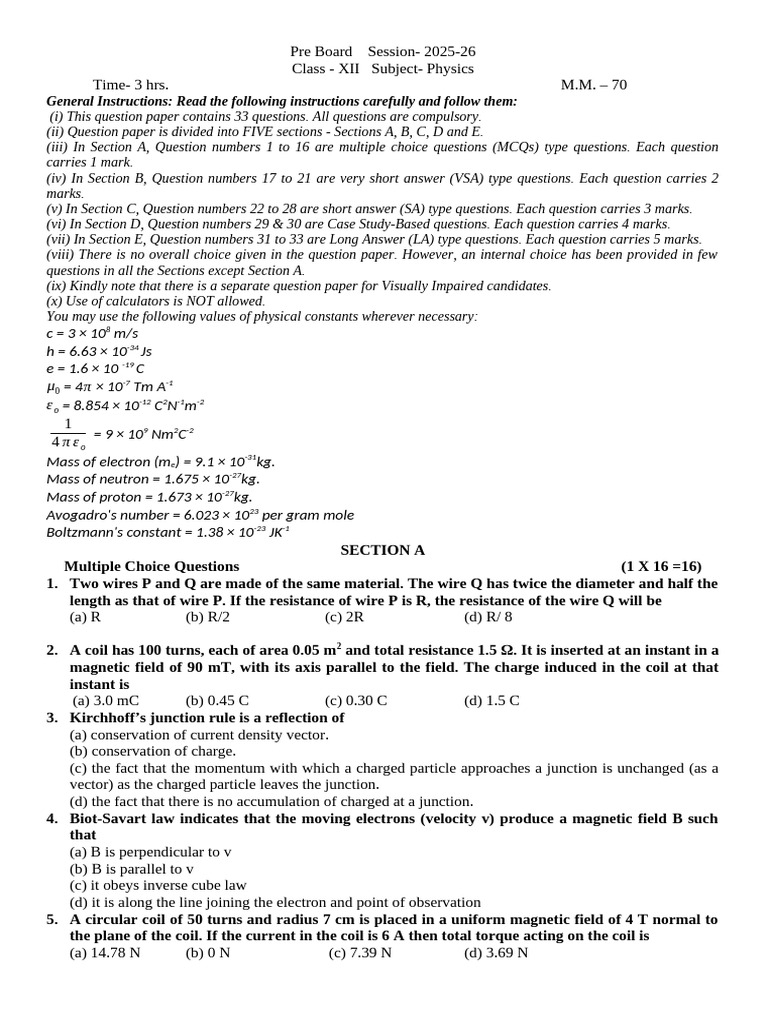 physics paper 12 Pre Board Paper 1 2526 | PDF | Electromagnetic Radiation | Electric Field