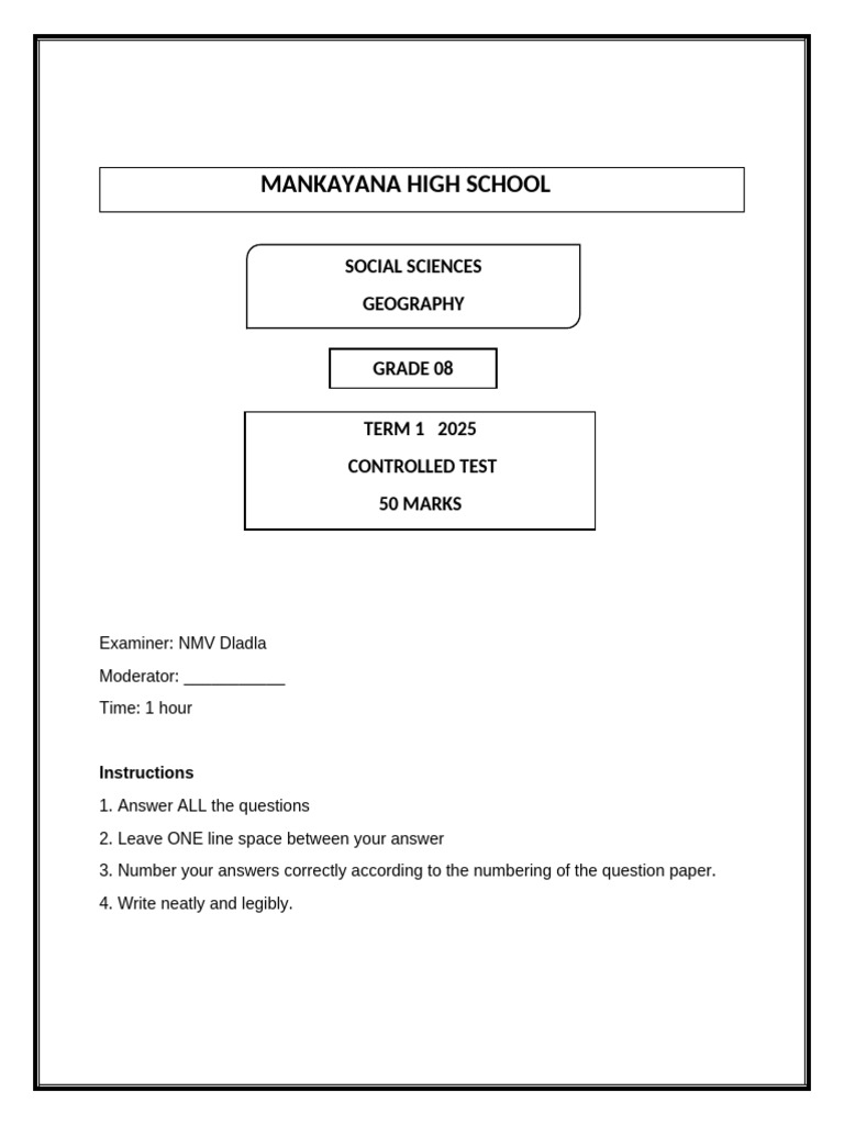 Grade 8 Geography Controlled Test 2025 | PDF | Equator | Earth