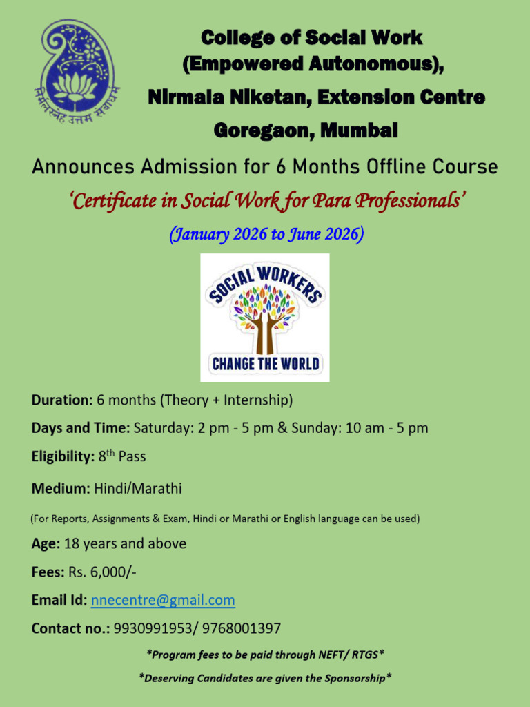 Flyer, Certificate in Para Social Work Course | PDF