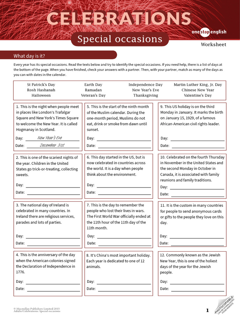 Special Occasions Worksheet for Adults | PDF | Birthdays | Observances