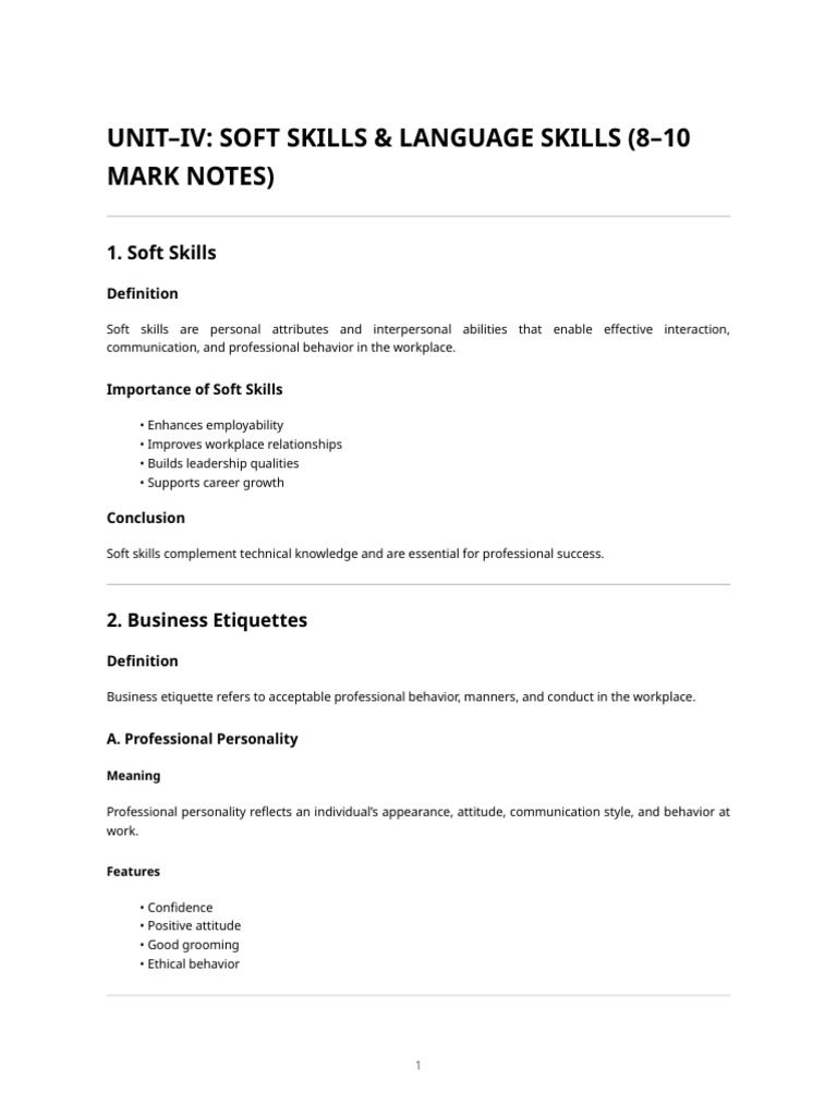 Unit–IV Soft Skills & Language Skills – Long Answer Notes | PDF ...