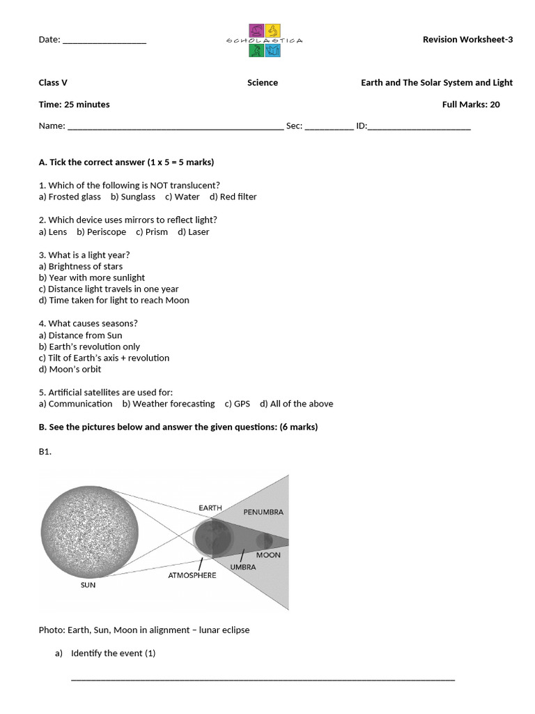Earth, Solar System & Light Worksheet | PDF | Moon | Orbital Inclination