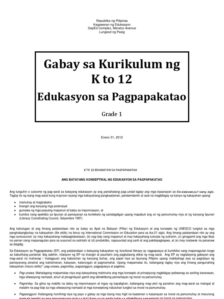 K To 12 - Edukasyon Sa Pagpapakatao Curriculum Guide - Grade 1 | PDF