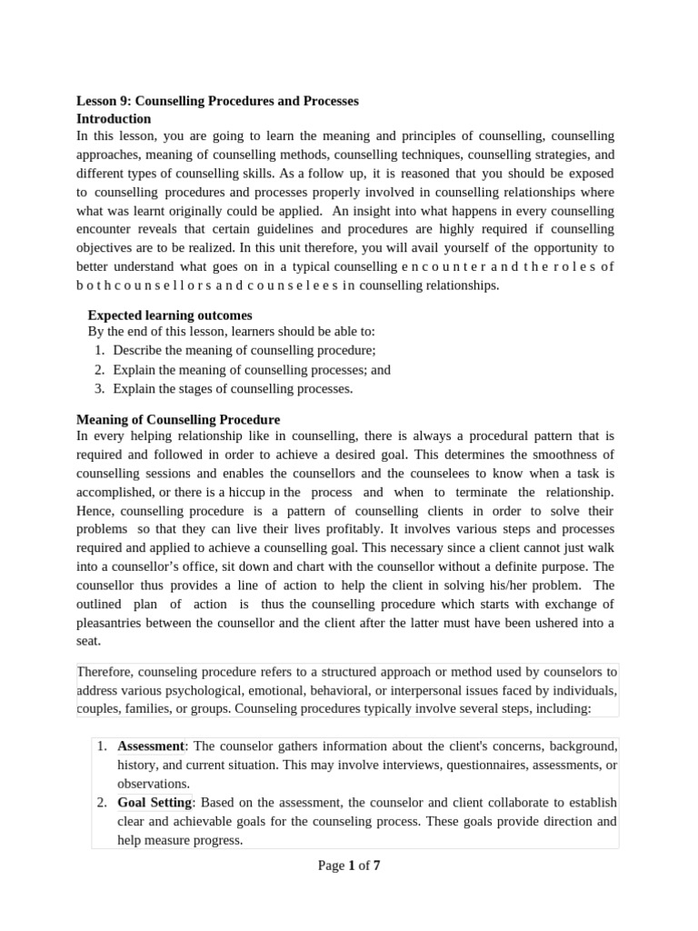 Counselling Procedures and Processes Guide | PDF | Counseling ...