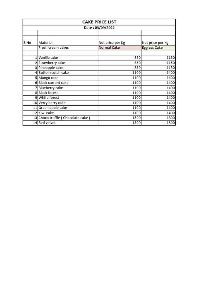 Cake Price List DTD 03 SEPT 22 | PDF