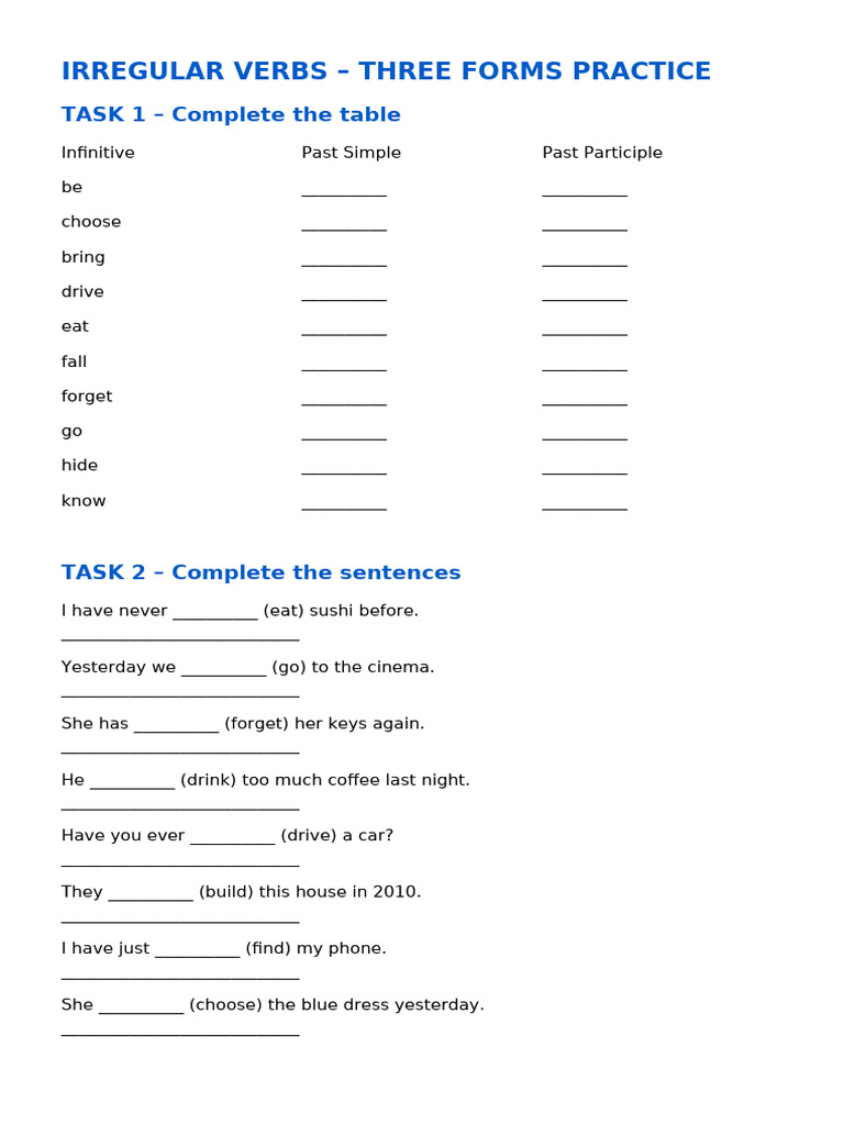 Irregular Verbs Three Forms Practice | PDF | Languages | Foreign ...