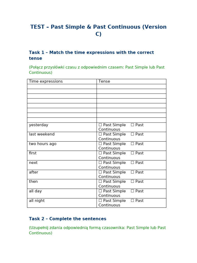Test Past Simple Past Continuous Klasa7 VersionC | PDF
