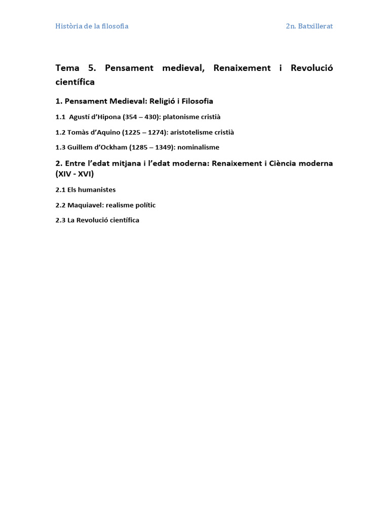 Tema 5. Pensament medieval, Renaixement i Revolució científica | PDF
