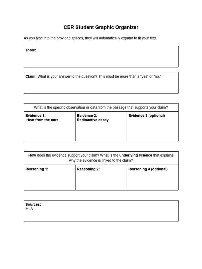 CER Graphic Organizer Template | PDF