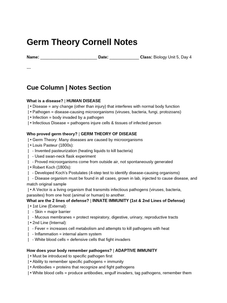 Germ Theory Cornell Notes Template (1) | PDF | Pathogen | Virus