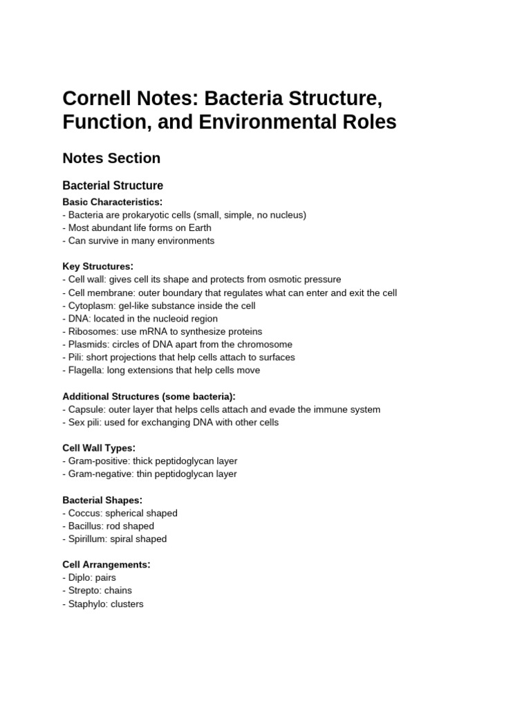 Cornell Notes_ Bacteria | PDF | Bacteria | Cell (Biology)