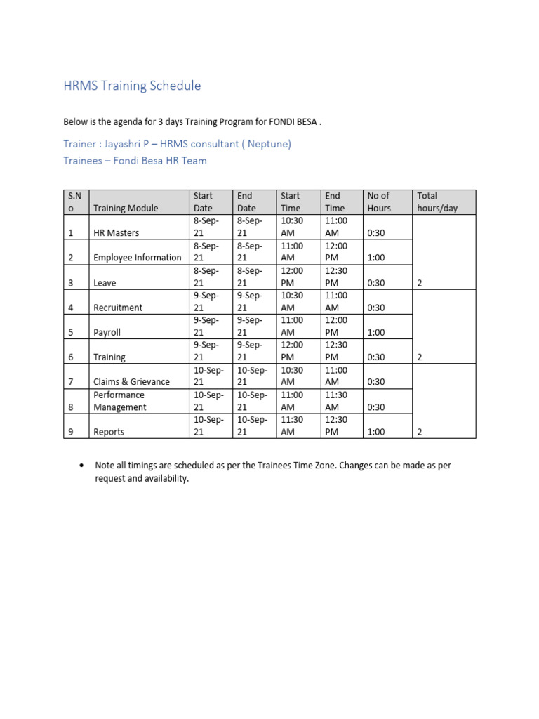 HRMS Training Schedule for Fondi Besa | PDF