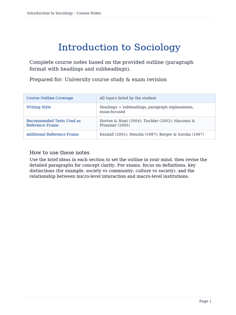 Introduction To Sociology Complete Notes | PDF | Sociology | Institution