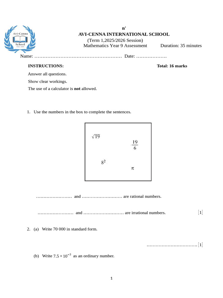 Year 9 Maths Topical Test | PDF | Mathematics