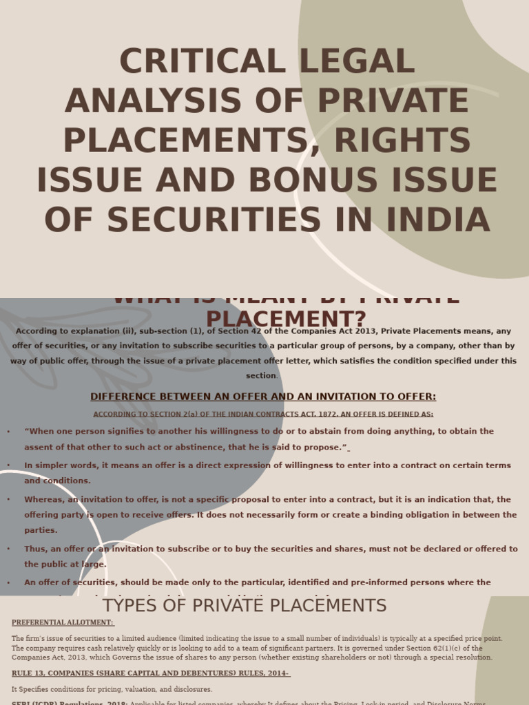 CRITICAL LEGAL ANALYSIS OF PRIVATE PLACEMENTS PPT (1) | PDF ...