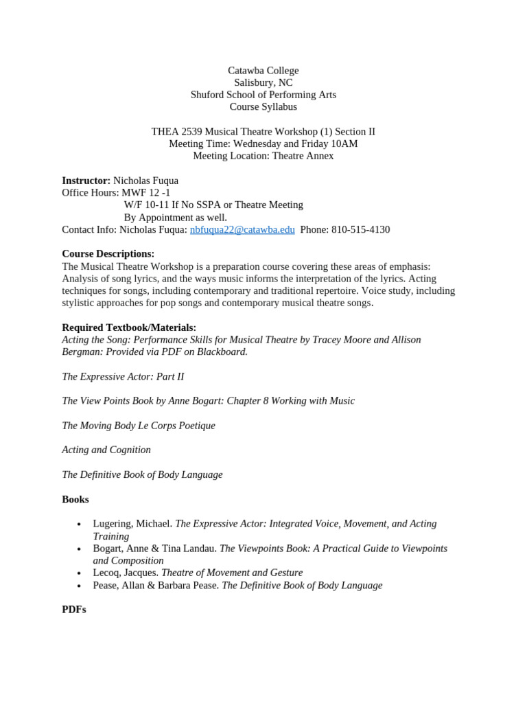 Musical Theatre Workshop Syllabus | PDF | Academic Dishonesty | Audition