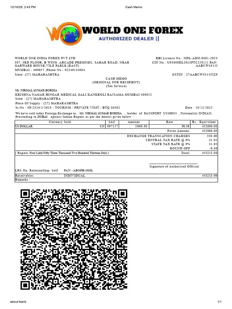 Cash Memo for Foreign Exchange Transaction | PDF | International ...