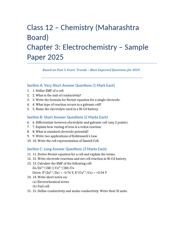 Electrochemistry Sample Paper 2025 | PDF