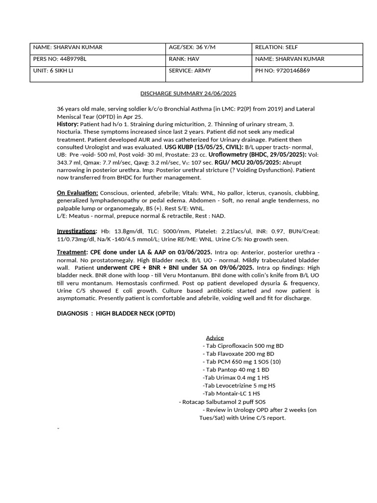 Hav Sharvan Kumar High Bladder Neck (Optd) Jun 25 | PDF | Urination ...