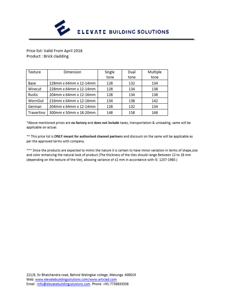 Brick Cladding Price List 2018 | PDF