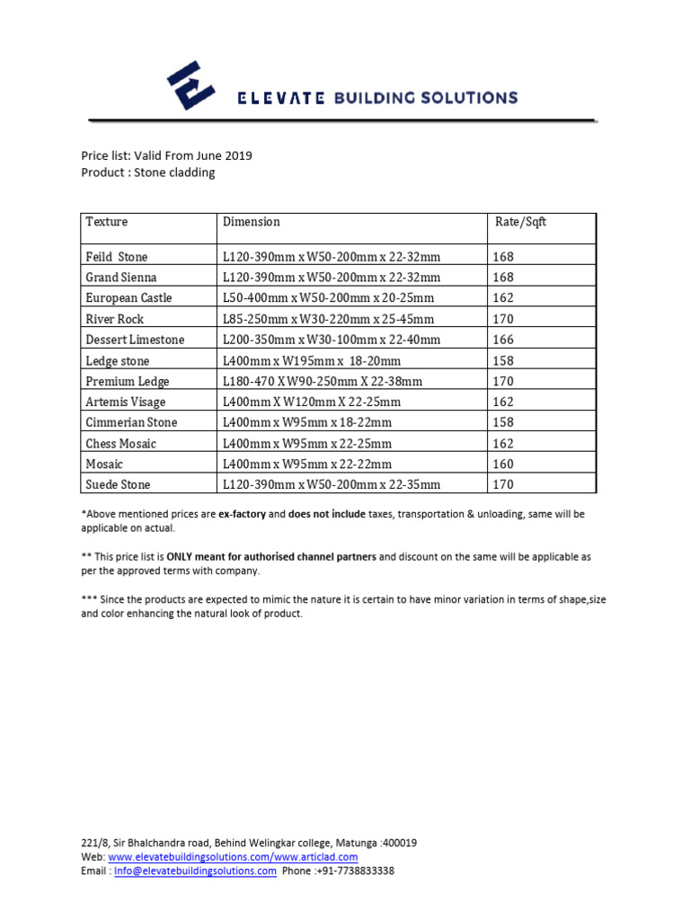 Stone Cladding Price List 2019 | PDF