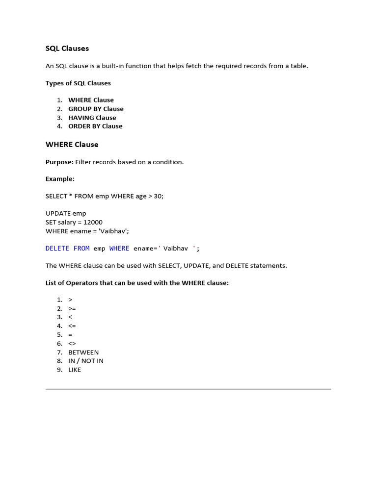 SQL Clauses_10-10-2024 | PDF | Sql | Table (Database)