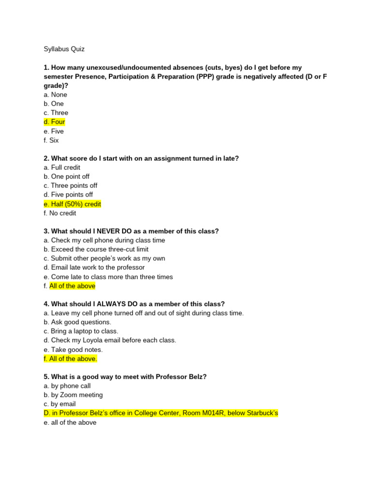 Syllabus Quiz: Class Participation Rules | PDF