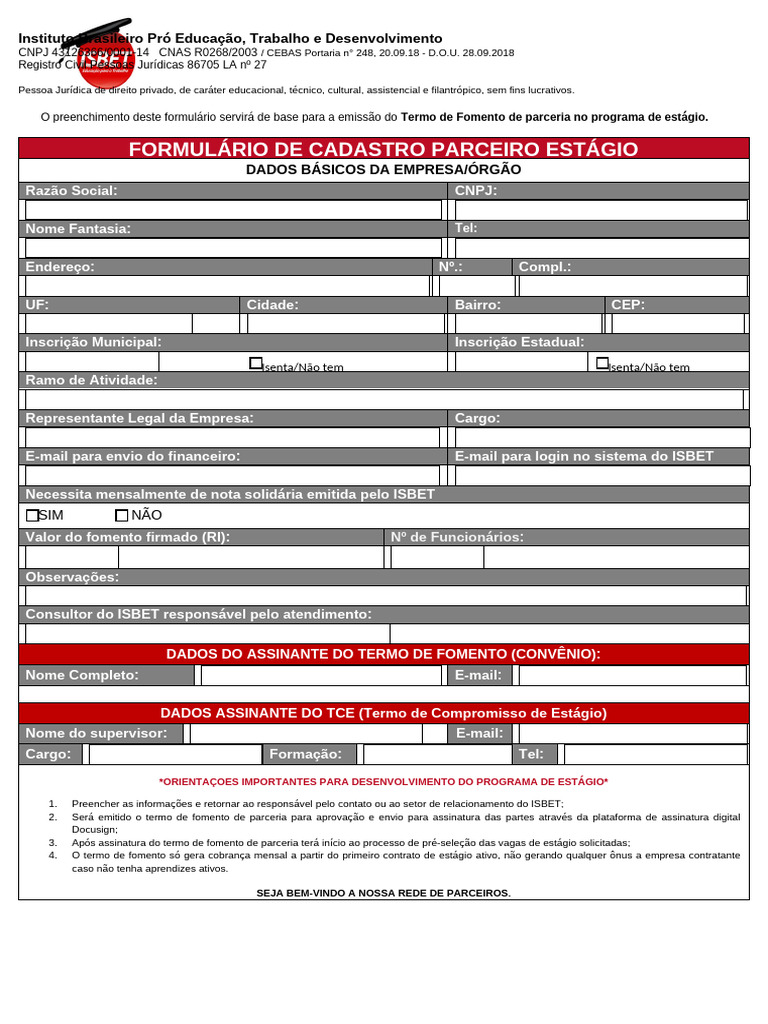 Formulário de Cadastro para Estágio ISBET | PDF