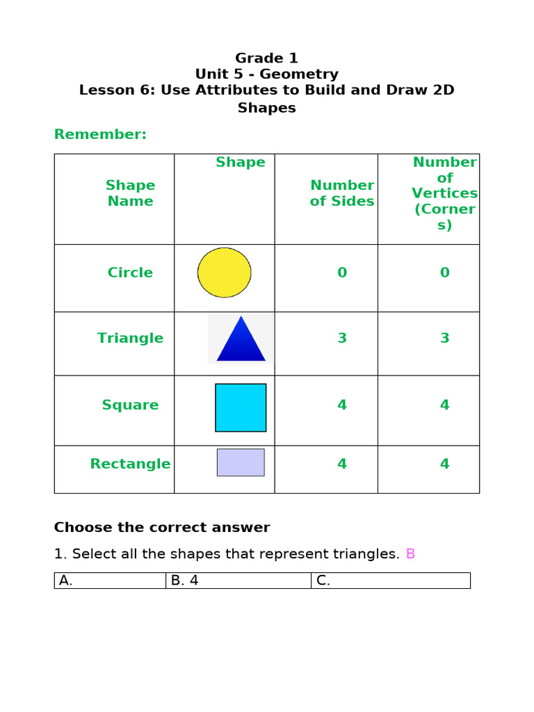 Grade 1 Geometry: 2D Shape Attributes | PDF