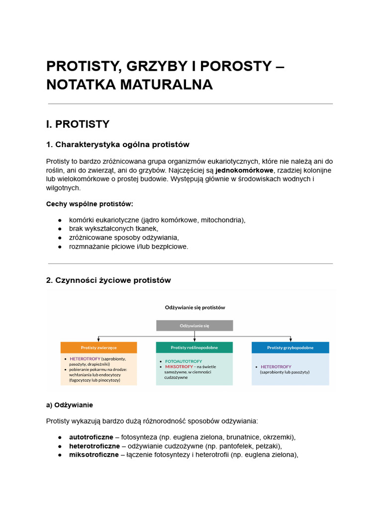 Protisty, Grzyby I Porosty - Notatka Maturalna | PDF