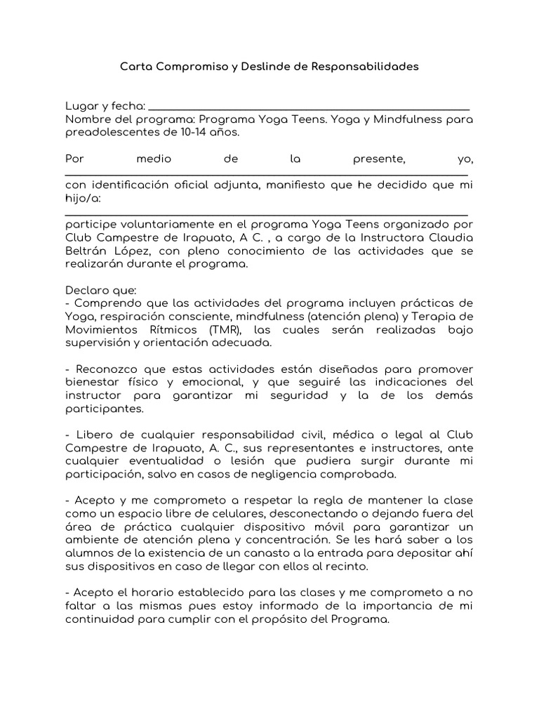Carta compromiso Yoga Teens | PDF