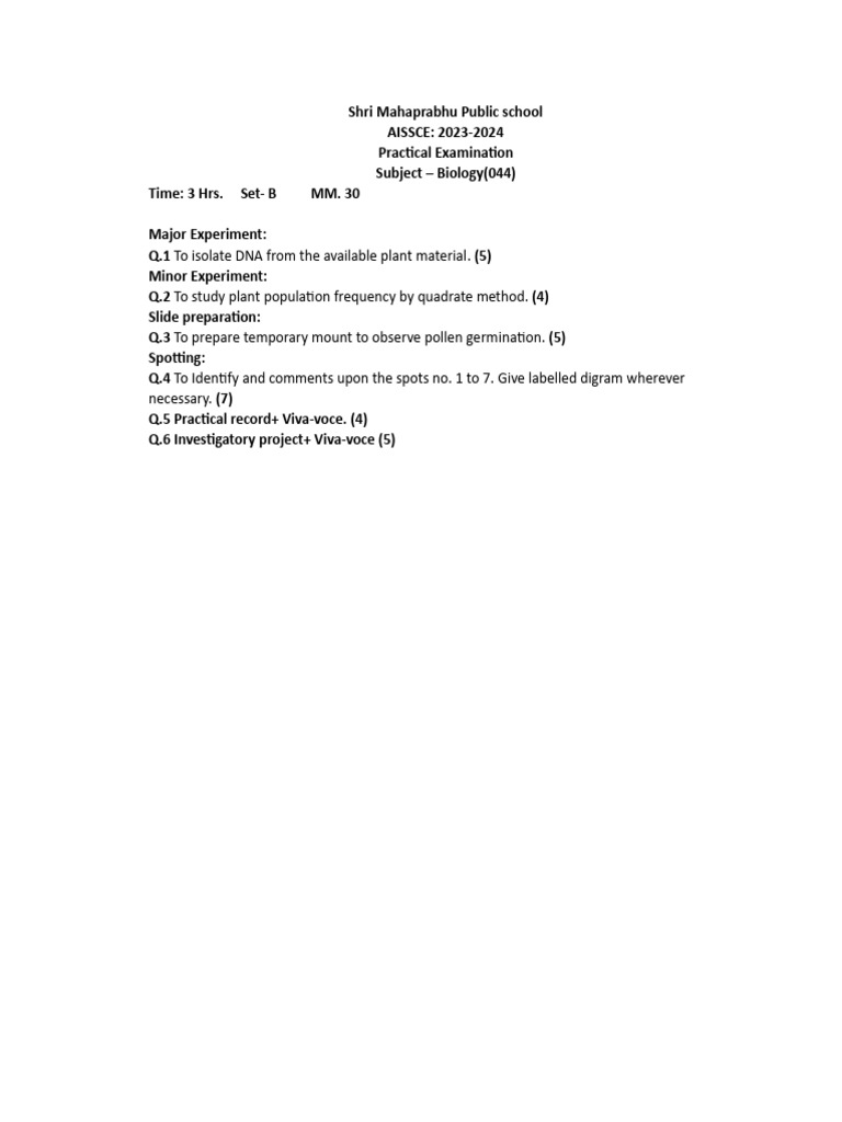 Biology Practical Exam Guide 2023-24 | PDF
