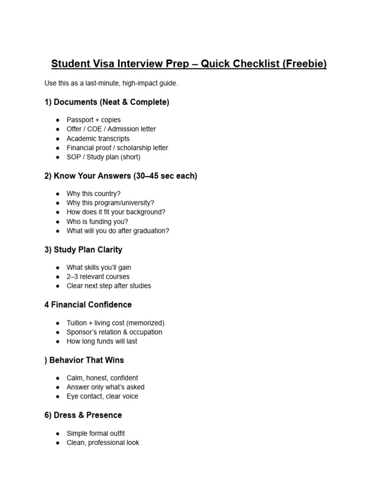 Student Visa Interview Checklist Guide | PDF