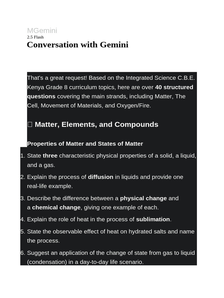 Grade 8 Integrated Science Questions | PDF | Chemical Elements | Vegetables
