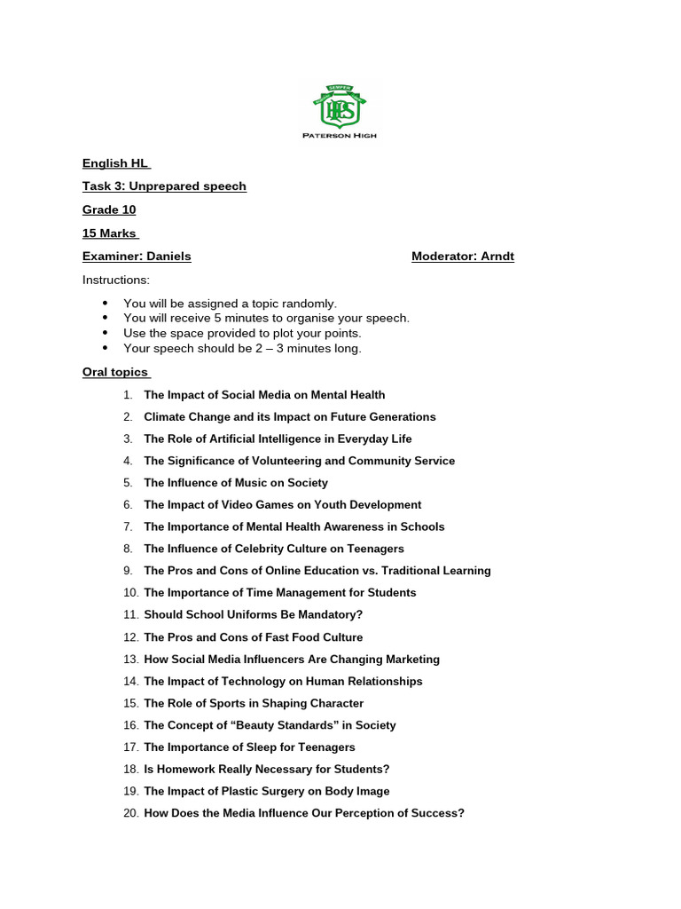 Grade 10 Oral Topics 2025 | PDF