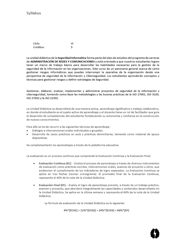 SILABO DE SEGURIDAD INFORMATICA_REDES | PDF | La seguridad informática | Seguridad